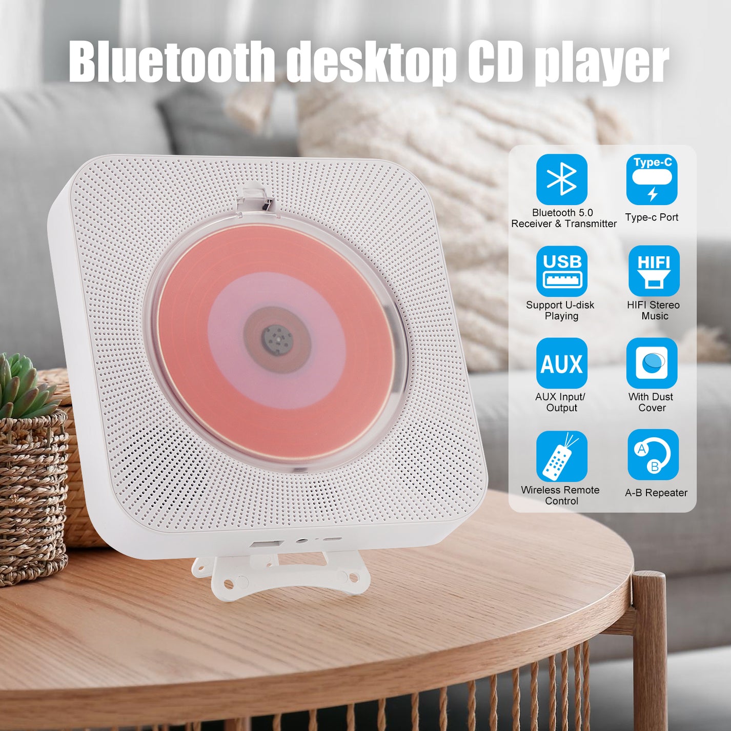 Yintiny WHITE CD Player With Speaker, Portable CD Player For Home Deco