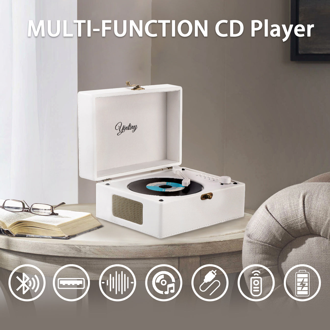 Yintiny Rechargeable Leather CD Player with Speakers; Bluetooth Transm
