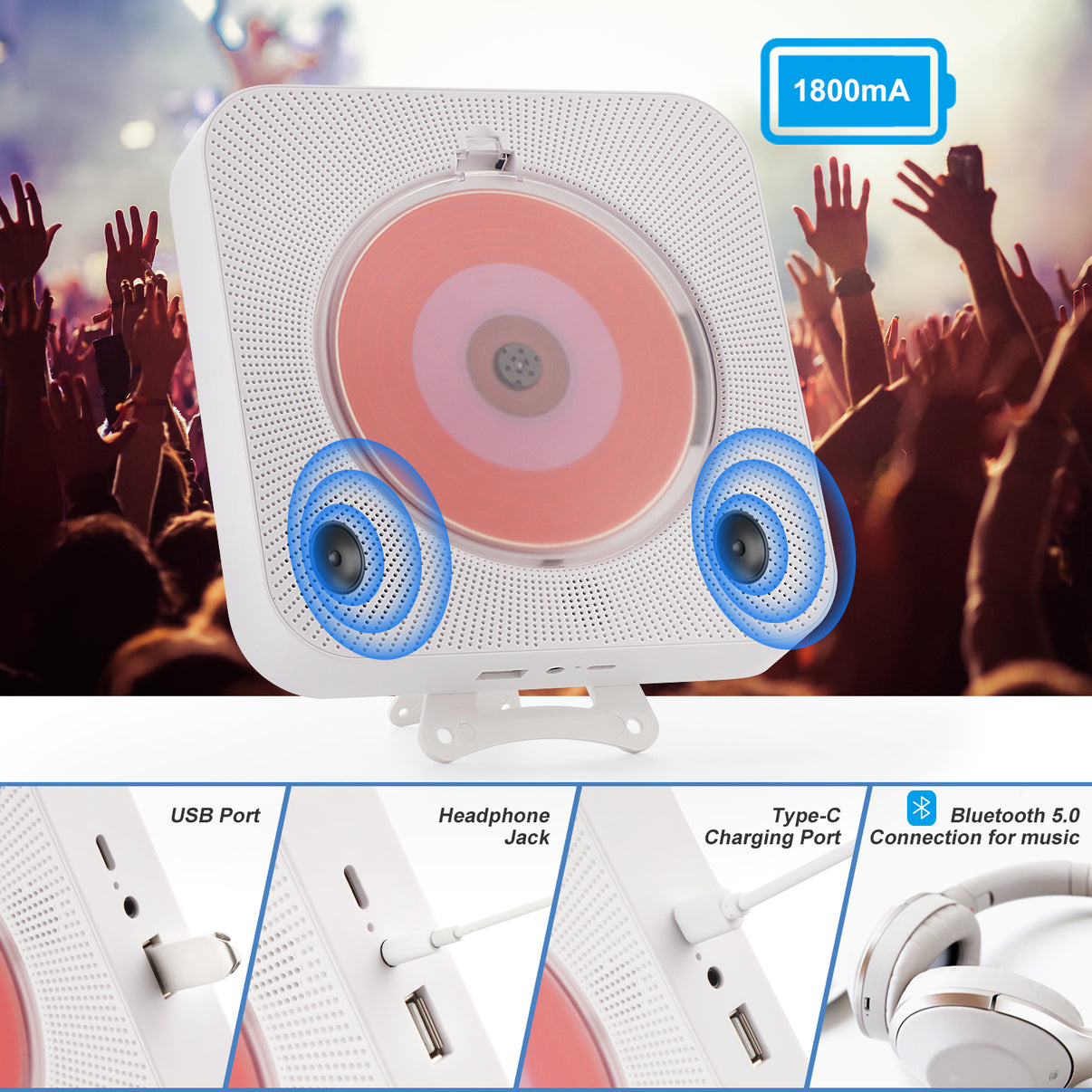 Yintiny WHITE CD Player With Speaker, Portable CD Player For Home Deco