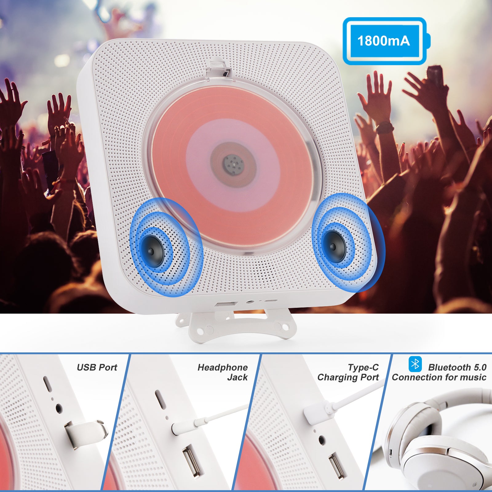 Yintiny WHITE CD Player With Speaker, Portable CD Player For Home Deco